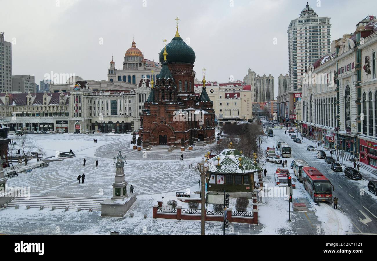 Aerial photo shows the snow scenery of Saint Sophia Cathedral in Harbin ...