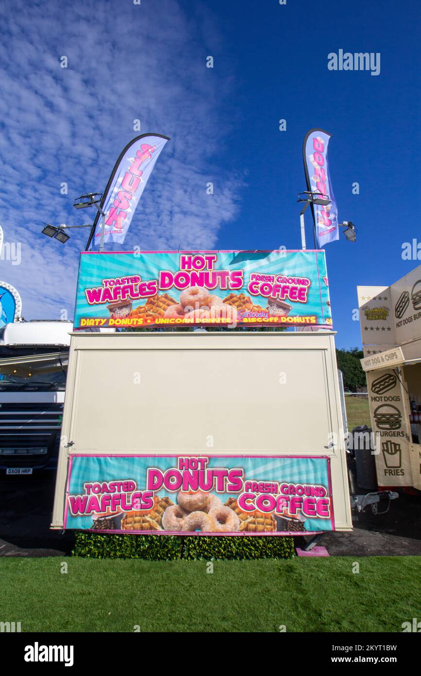 EXETER, DEVON, UK - JULY 1, 2022 trade stand - donut stand stall closed ...
