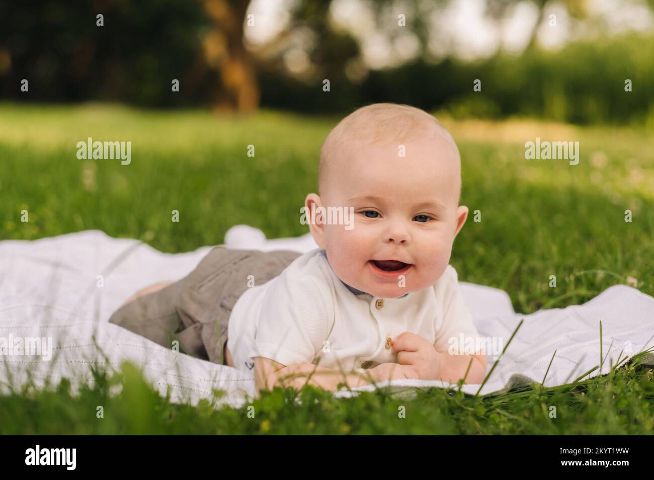 Cute happy toddler lying on a blanket on the grass outdoors in summer ...