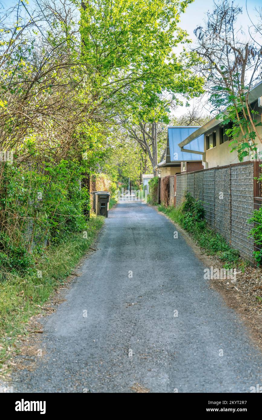 Narrow road behind houses in San Antonio Texas with tress and sky views ...