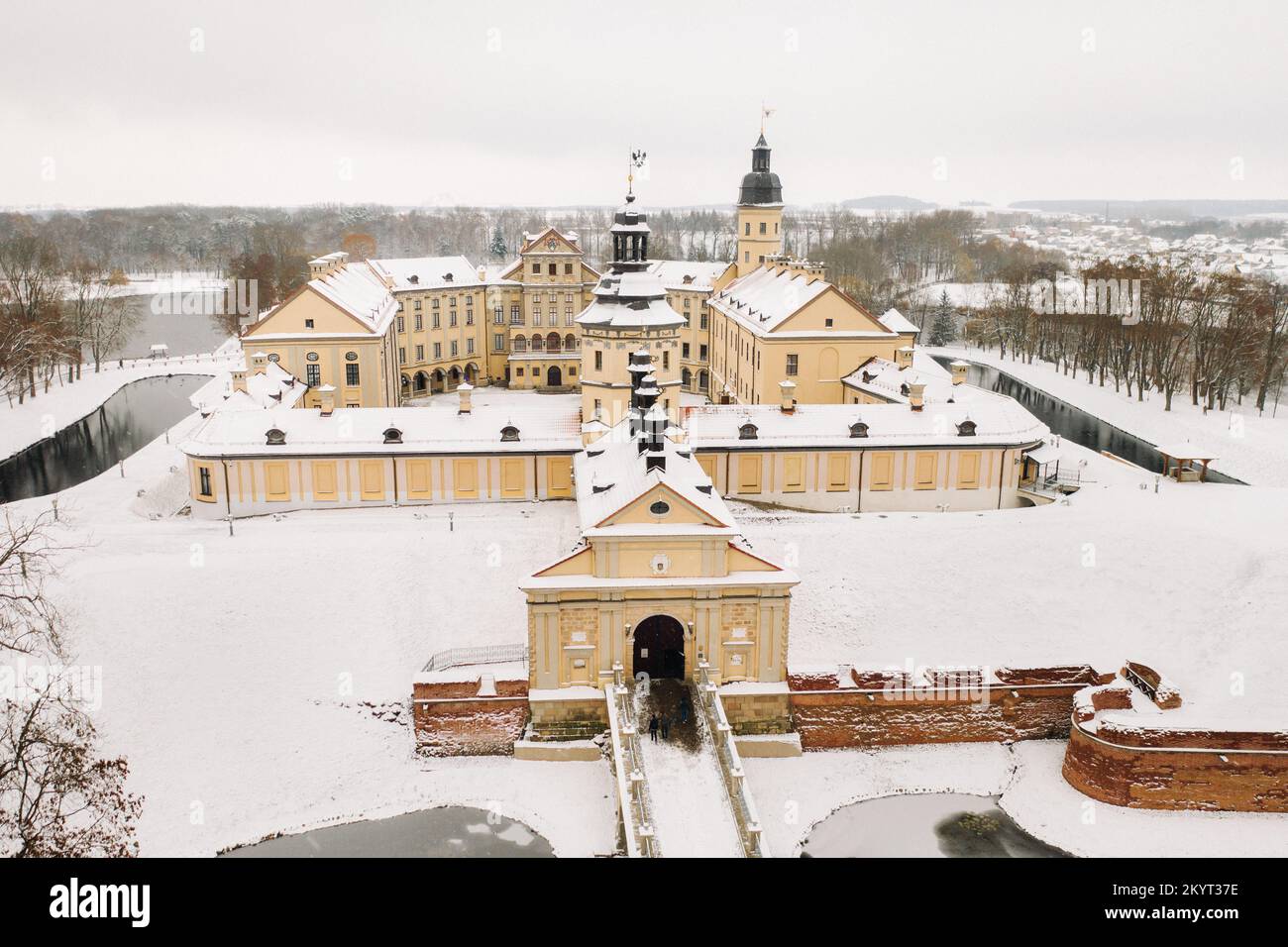 Top view of the Nesvizh Castle in winter in Belarus. Castles of Belarus ...