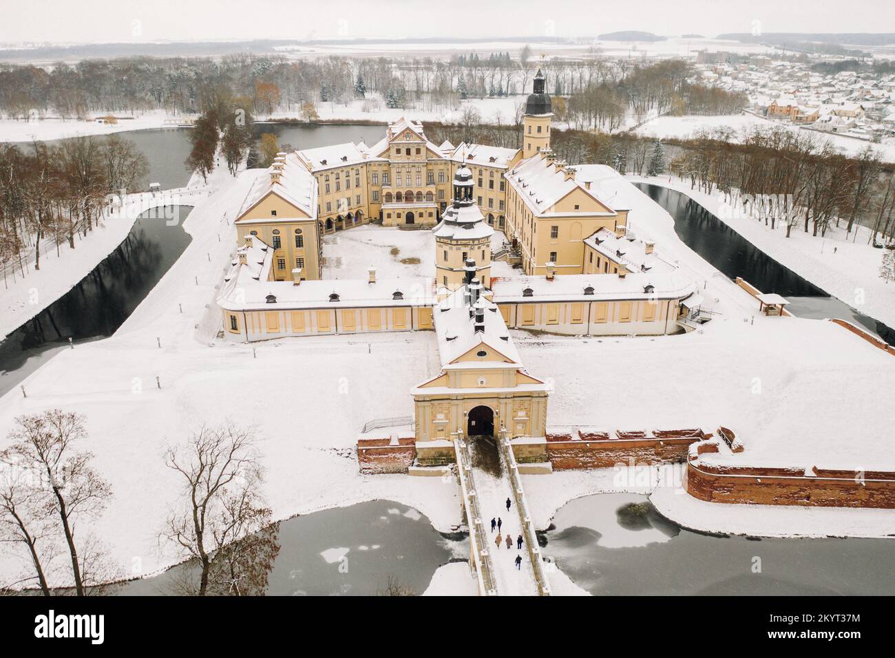 Top view of the Nesvizh Castle in winter in Belarus. Castles of Belarus ...