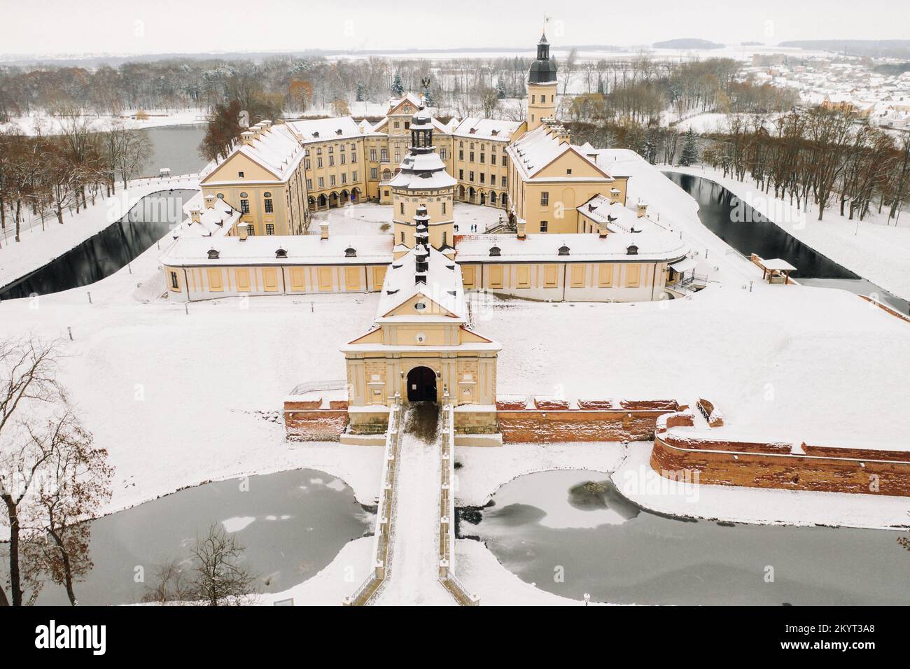 Top view of the Nesvizh Castle in winter in Belarus. Castles of Belarus ...