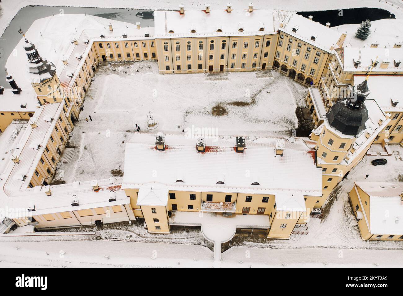 Top view of the Nesvizh Castle in winter in Belarus. Castles of Belarus ...