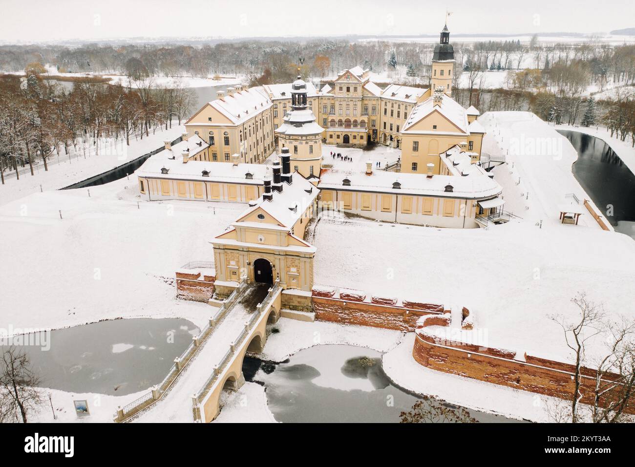 Top view of the Nesvizh Castle in winter in Belarus. Castles of Belarus ...