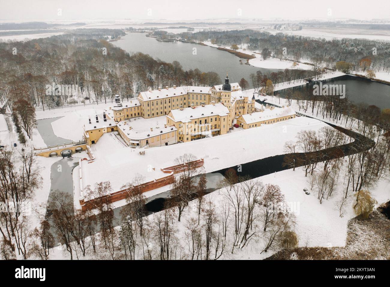 Top view of the Nesvizh Castle in winter in Belarus. Castles of Belarus ...