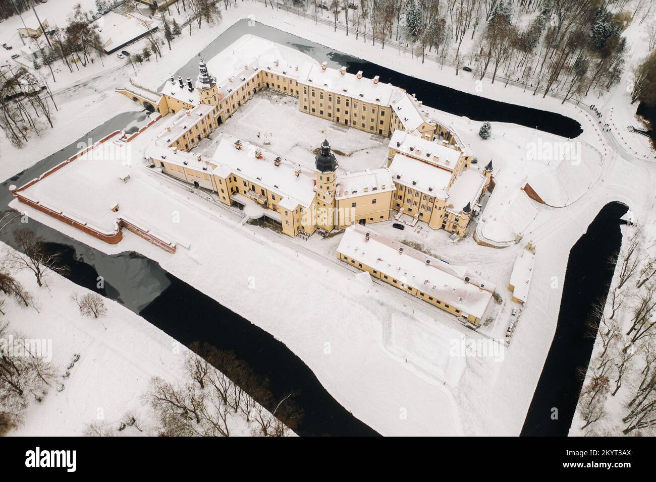 Top view of the Nesvizh Castle in winter in Belarus. Castles of Belarus ...