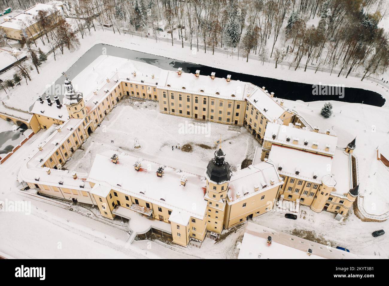 Top view of the Nesvizh Castle in winter in Belarus. Castles of Belarus ...