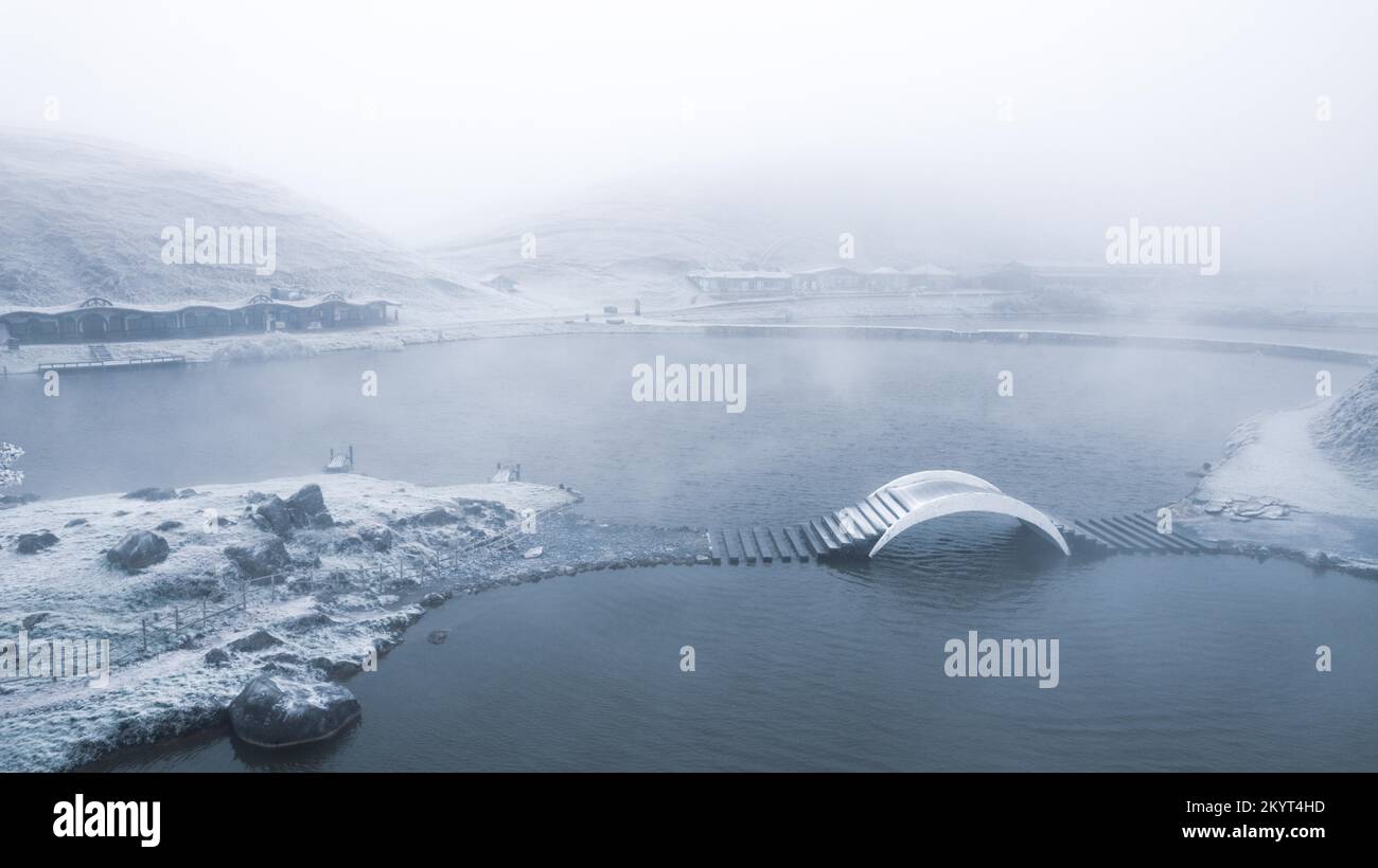 Aerial photo shows the snow scenery of Yangtianhu Scenic Area in Beihu ...