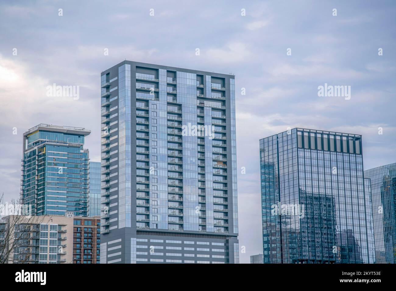 Buildings with reflective glass windows in downtown Austin Texas on a ...