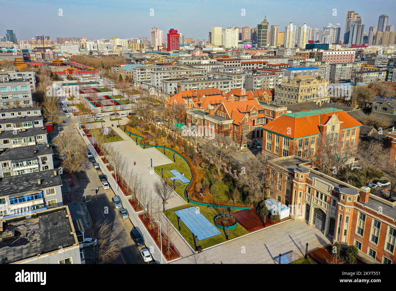 Aerial photo shows the citizens playing in the pocket park on Shenyang ...