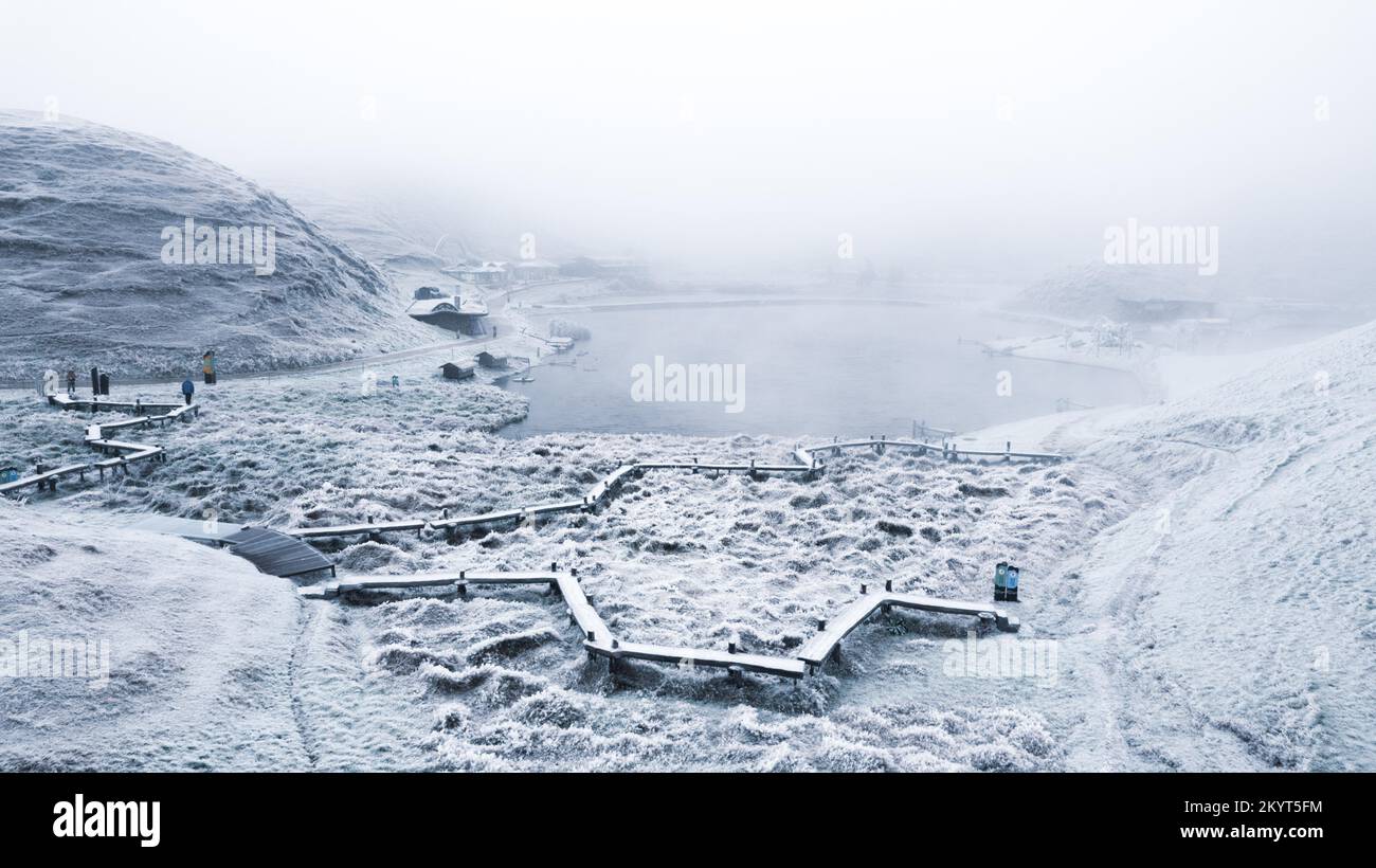 Aerial photo shows the snow scenery of Yangtianhu Scenic Area in Beihu ...