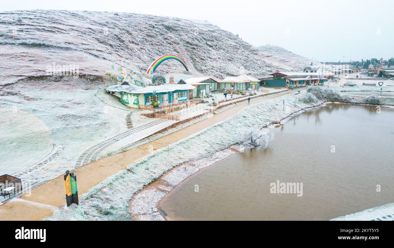 Aerial photo shows the snow scenery of Yangtianhu Scenic Area in Beihu ...