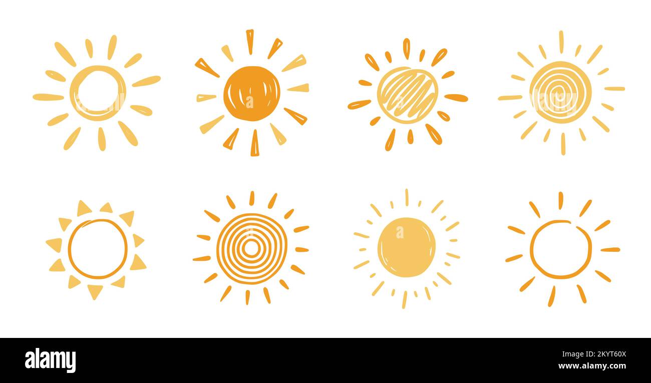 Doodle sun sketch illustration. Hand drawn cute yellow, orange sun set ...