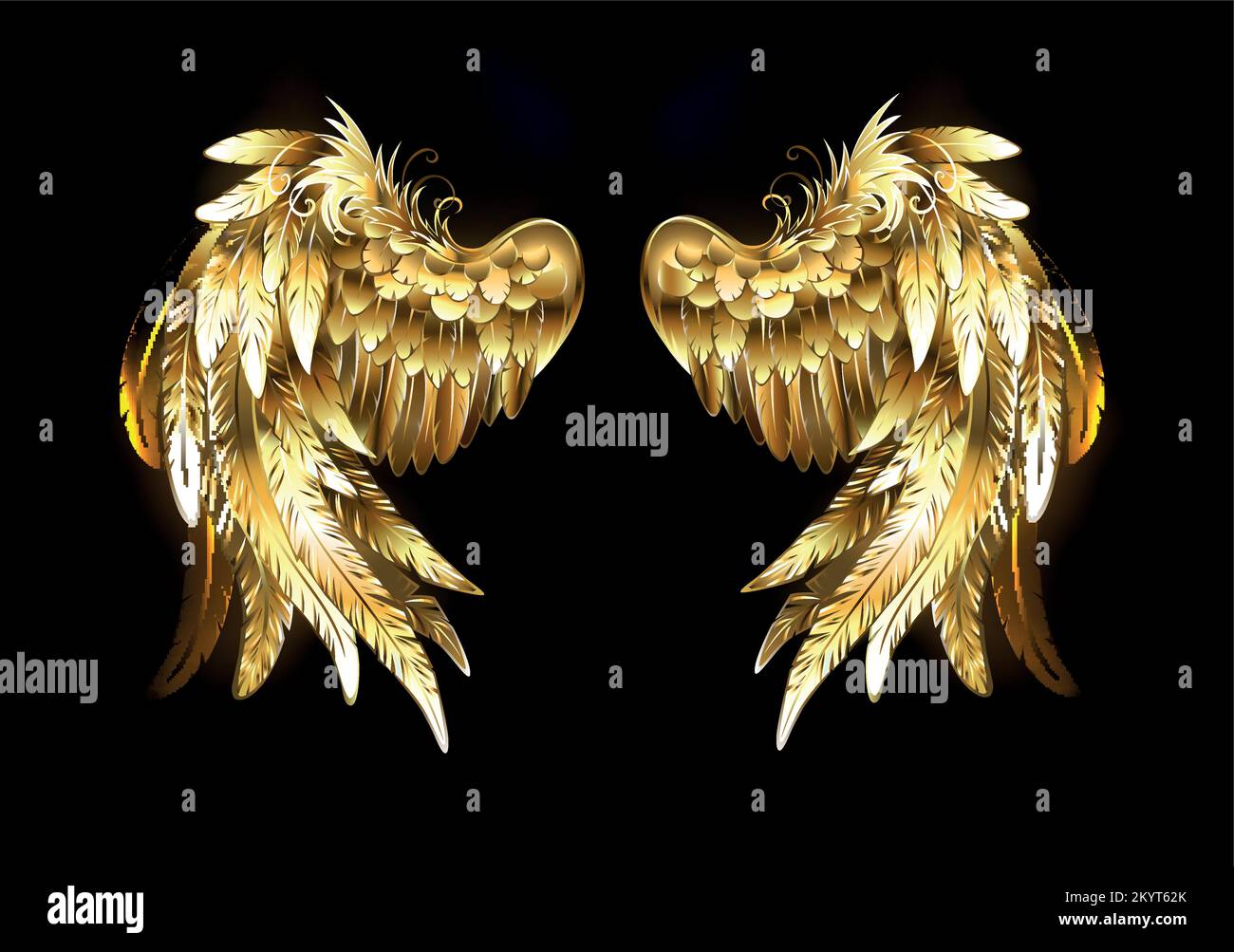 Shiny, gold, jewelry, bird wings on black background. Golden wings ...