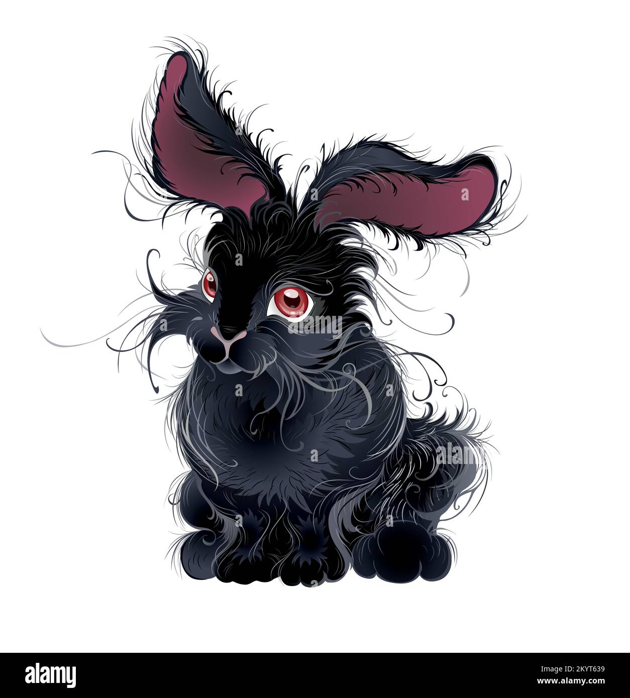 Artistically drawn, black, cute, fluffy rabbit with big ears on white ...