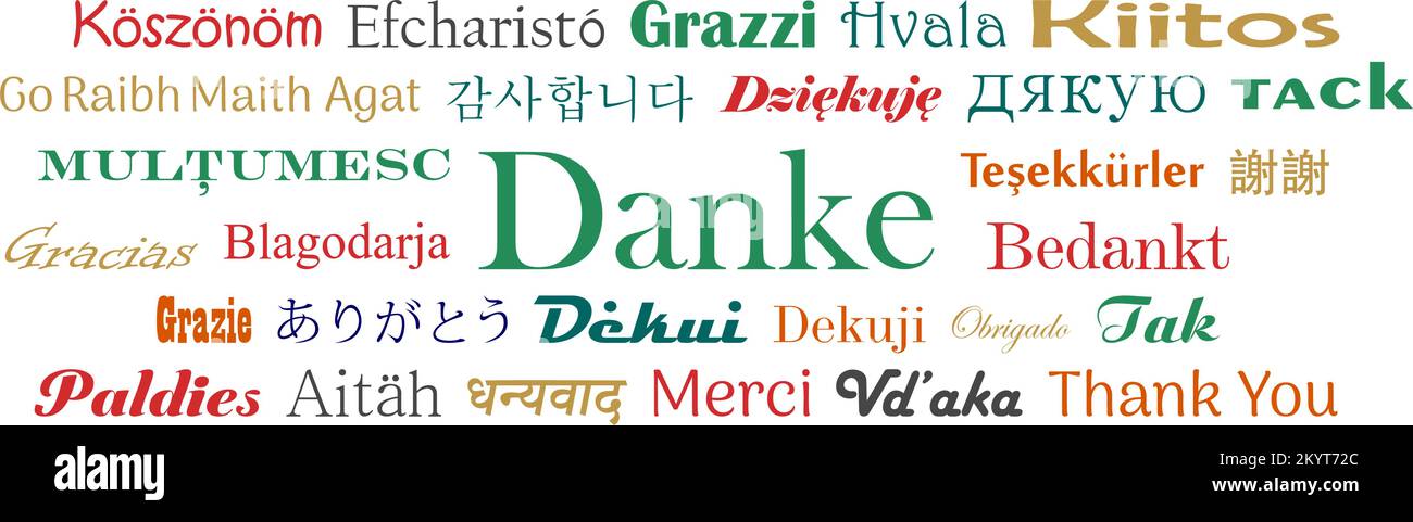 Thank you in Worldwide languages. Vector lettering. White back. German ...
