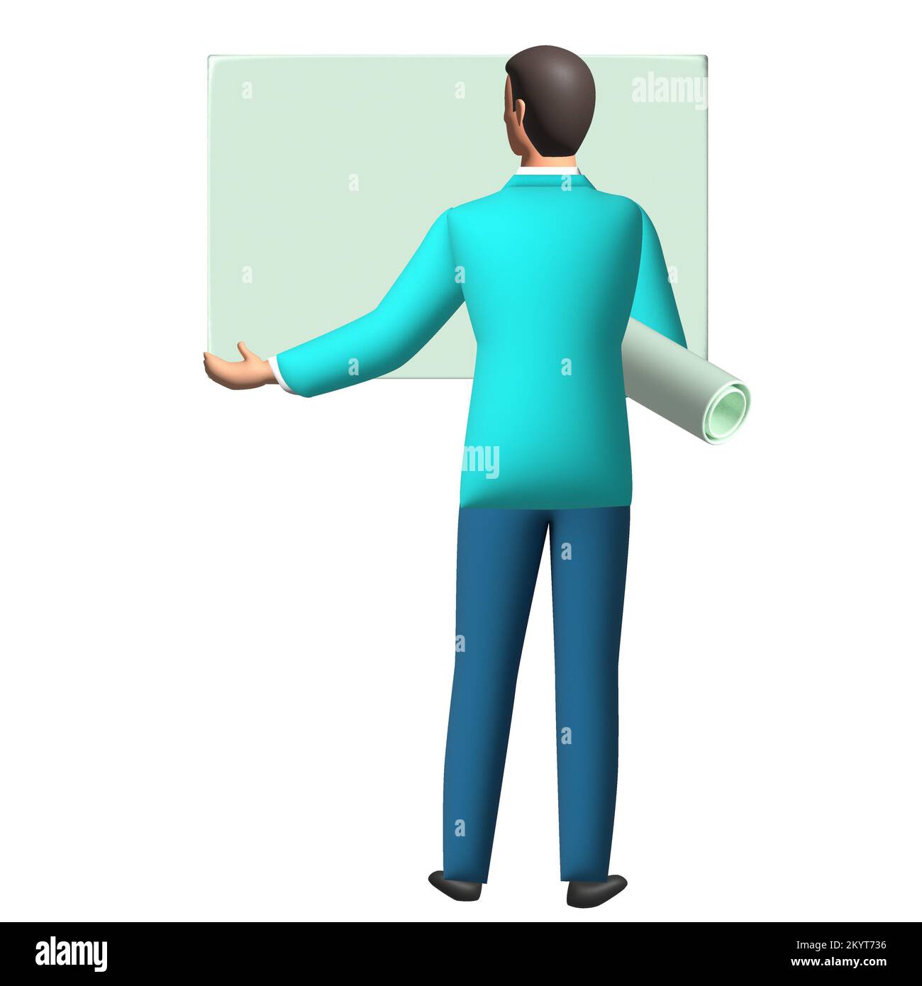 3d business man stand with his back holding empty sheet paper and roll ...