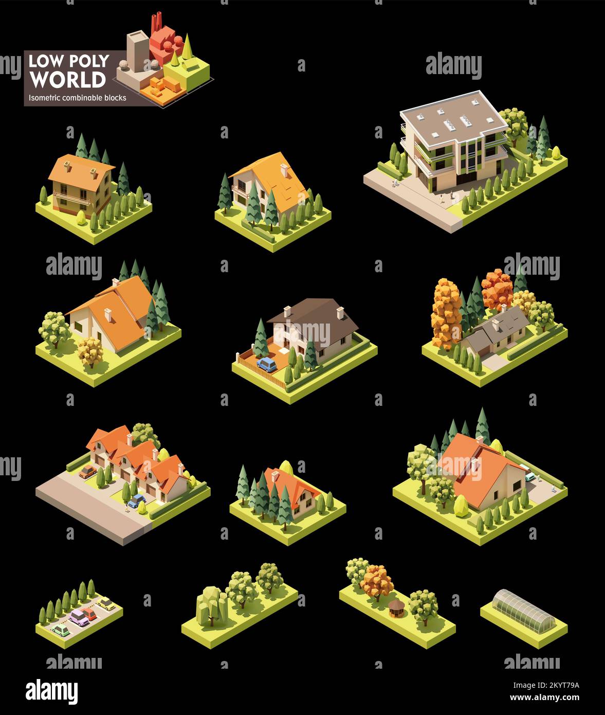 Vector isometric world map creation set. Combinable map elements. Countryside or village map ...