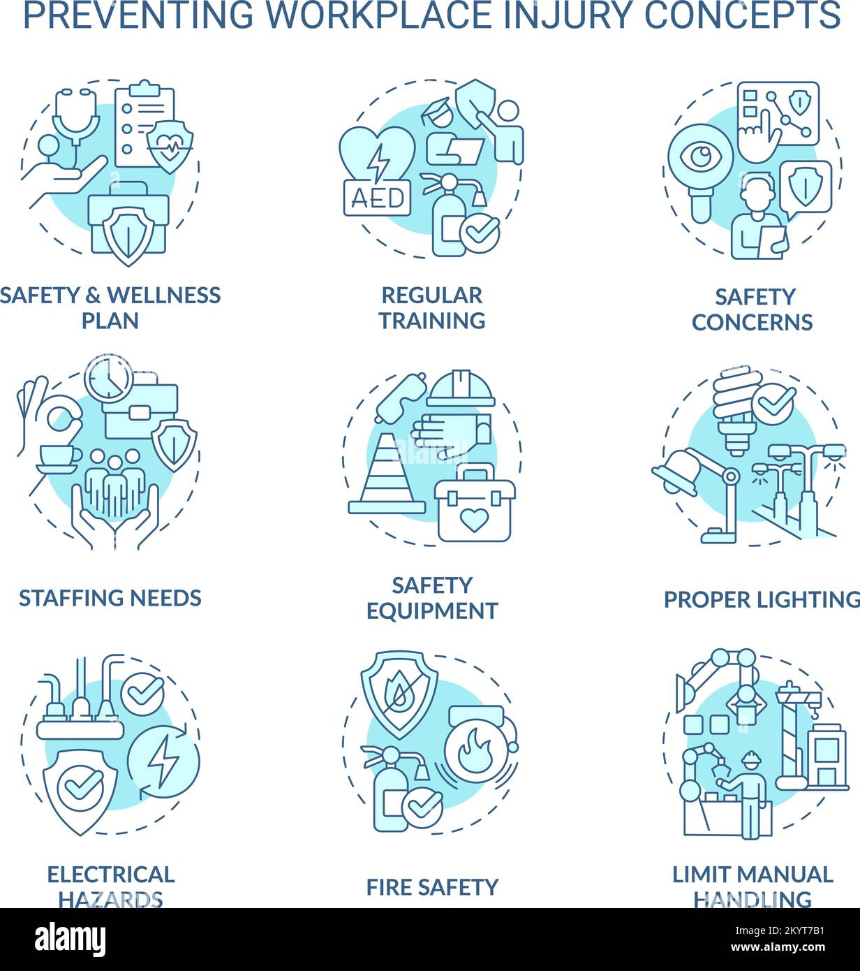 Avoiding workplace injury turquoise concept icons set Stock Vector ...