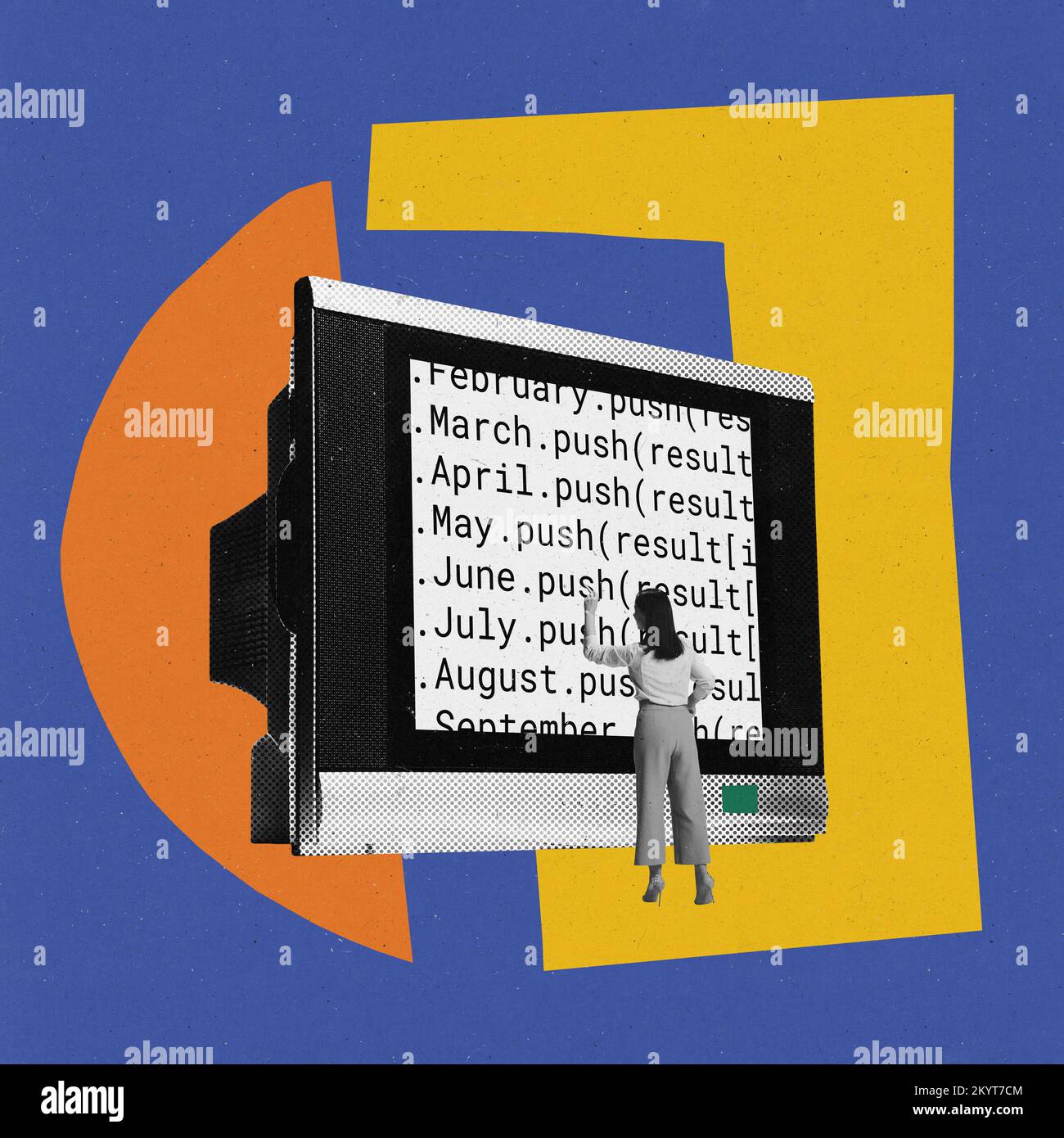 Contemporary art collage. Creative design. Young woman standing near ...