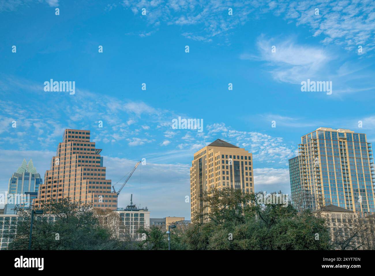 View of Austin Texas skyline with vast blue sky and sparse clouds in ...
