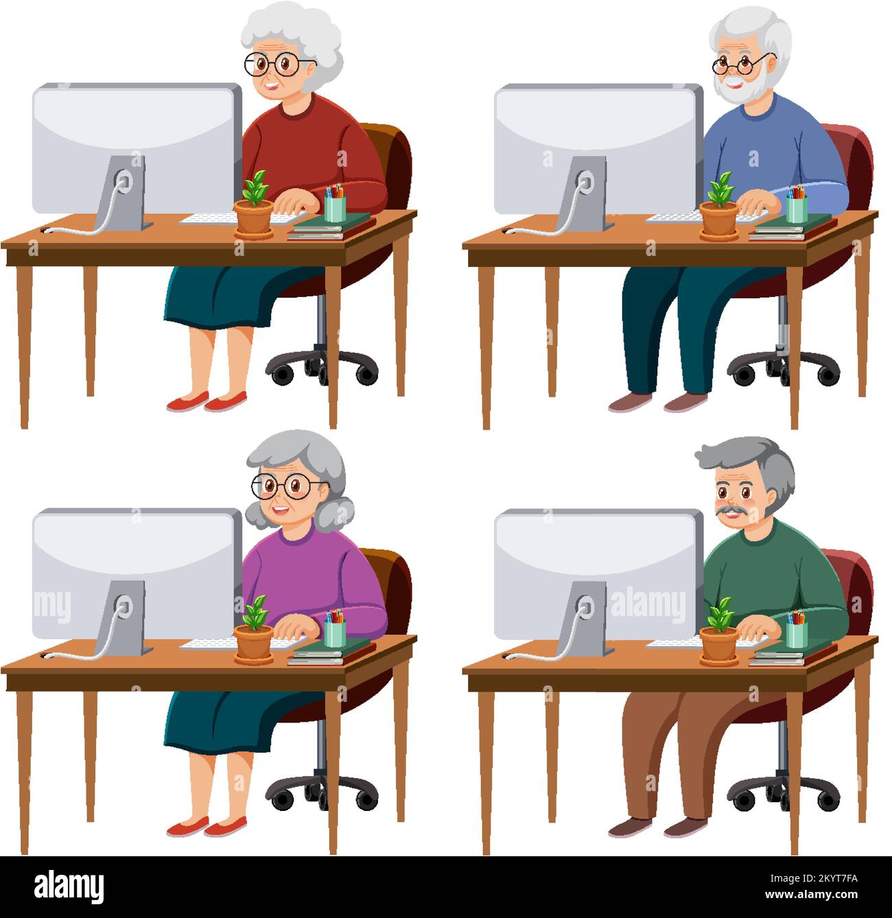 Elderly people sitting in front of computer illustration Stock Vector ...