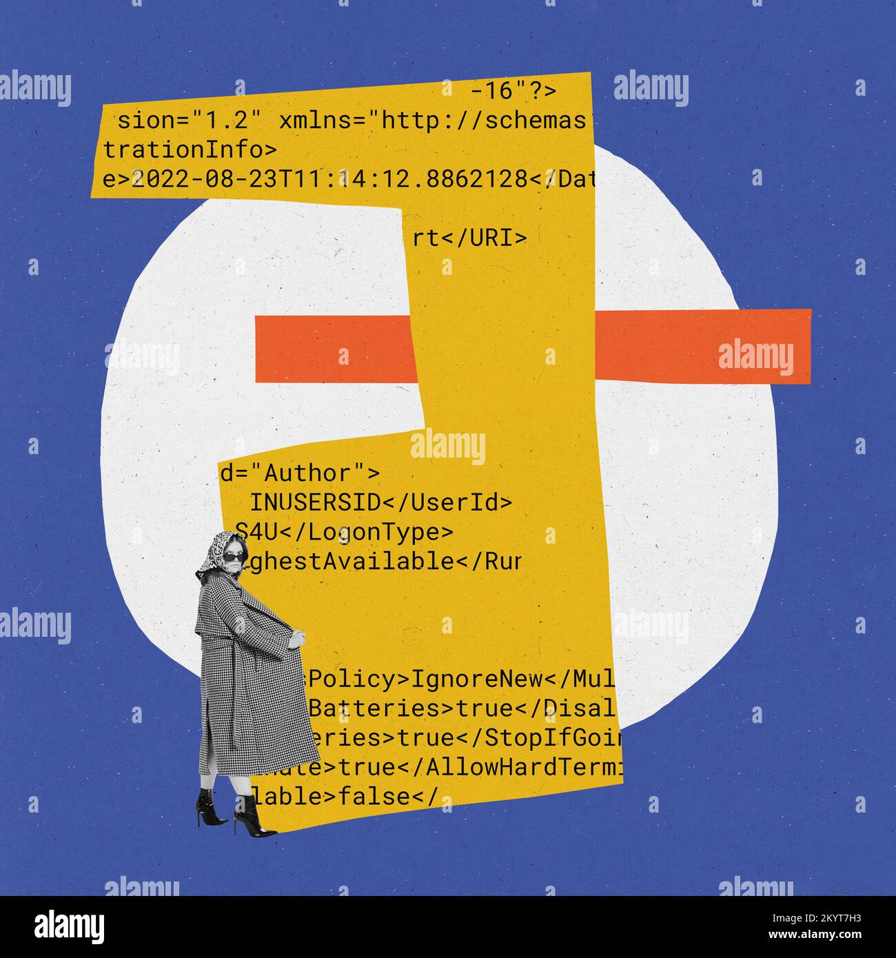 Contemporary art collage. Creative design. Young woman standing near ...