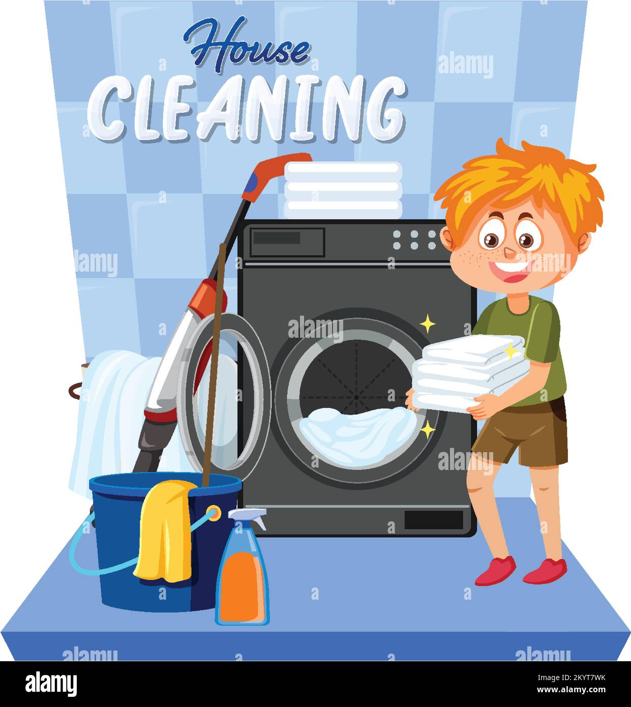 Cartoon boy doing laundry with washing machine illustration Stock ...