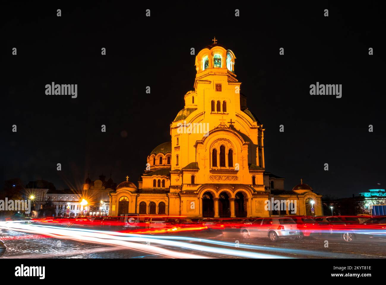 Saint Alexander Nevsky Cathedral at dusk with car lights, Sofia Stock Photo - Alamy