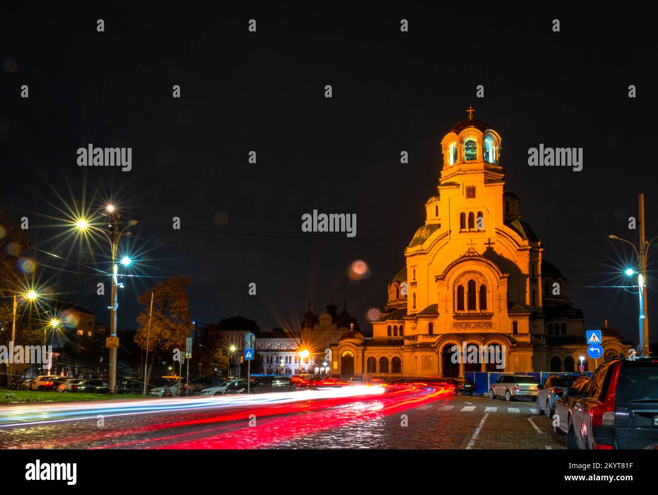 Saint Alexander Nevsky Cathedral at dusk with car lights, Sofia Stock ...