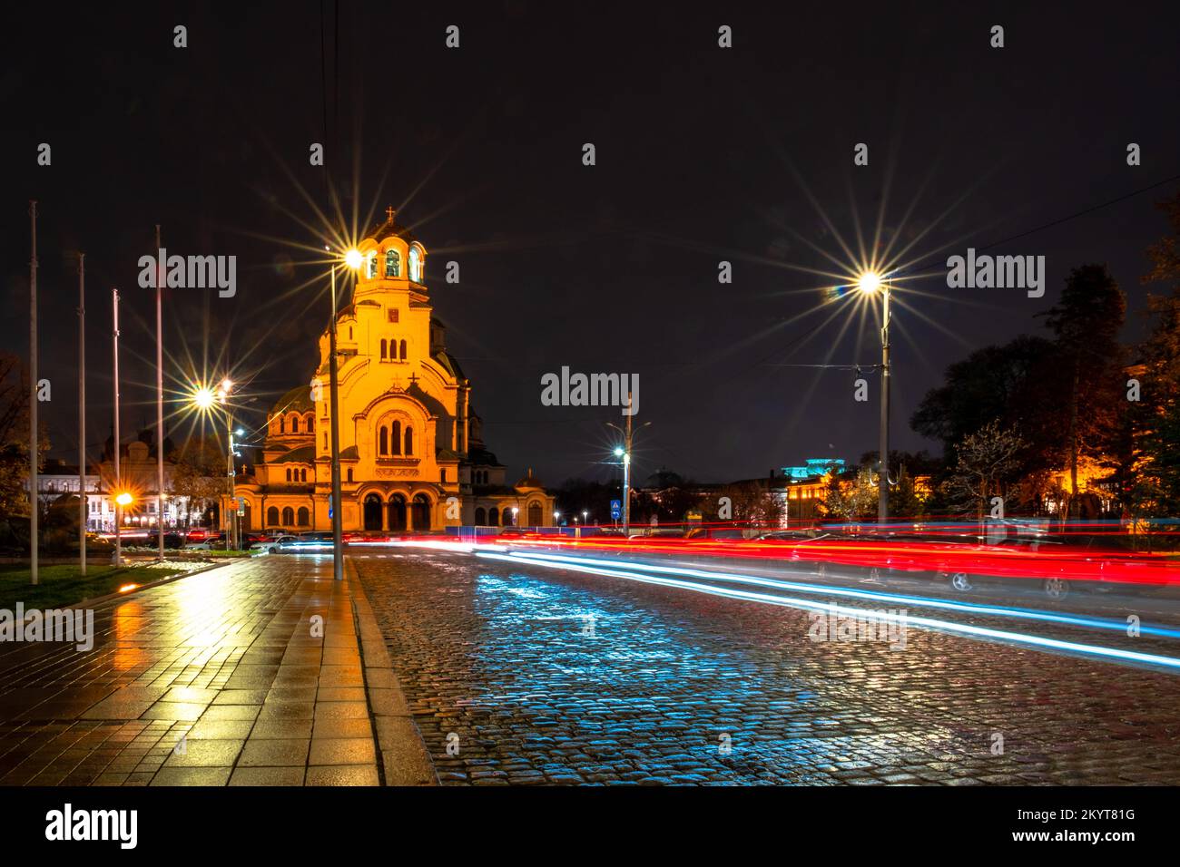 Saint Alexander Nevsky Cathedral at dusk with car lights, Sofia Stock ...
