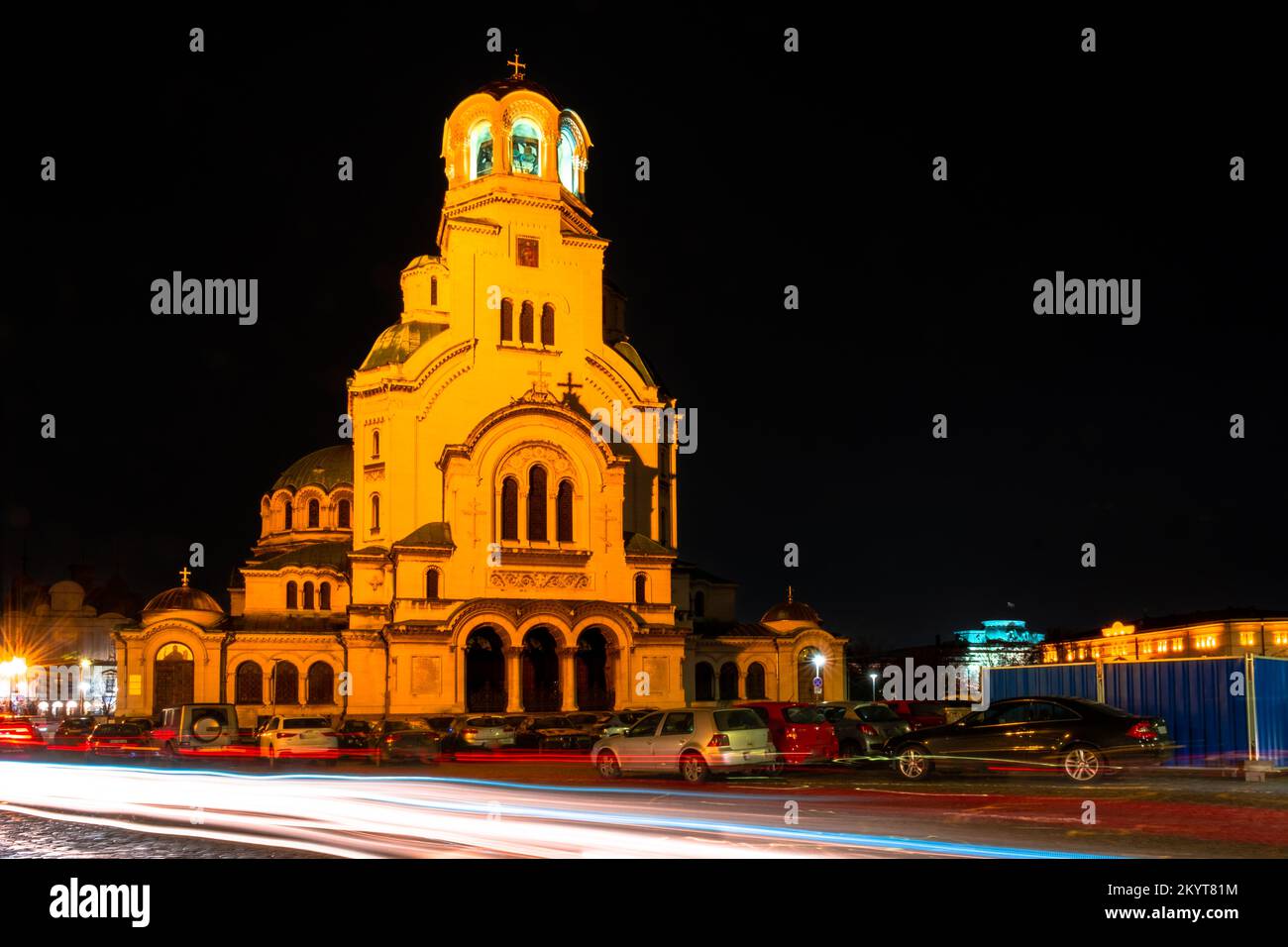 Saint Alexander Nevsky Cathedral at dusk with car lights, Sofia Stock ...