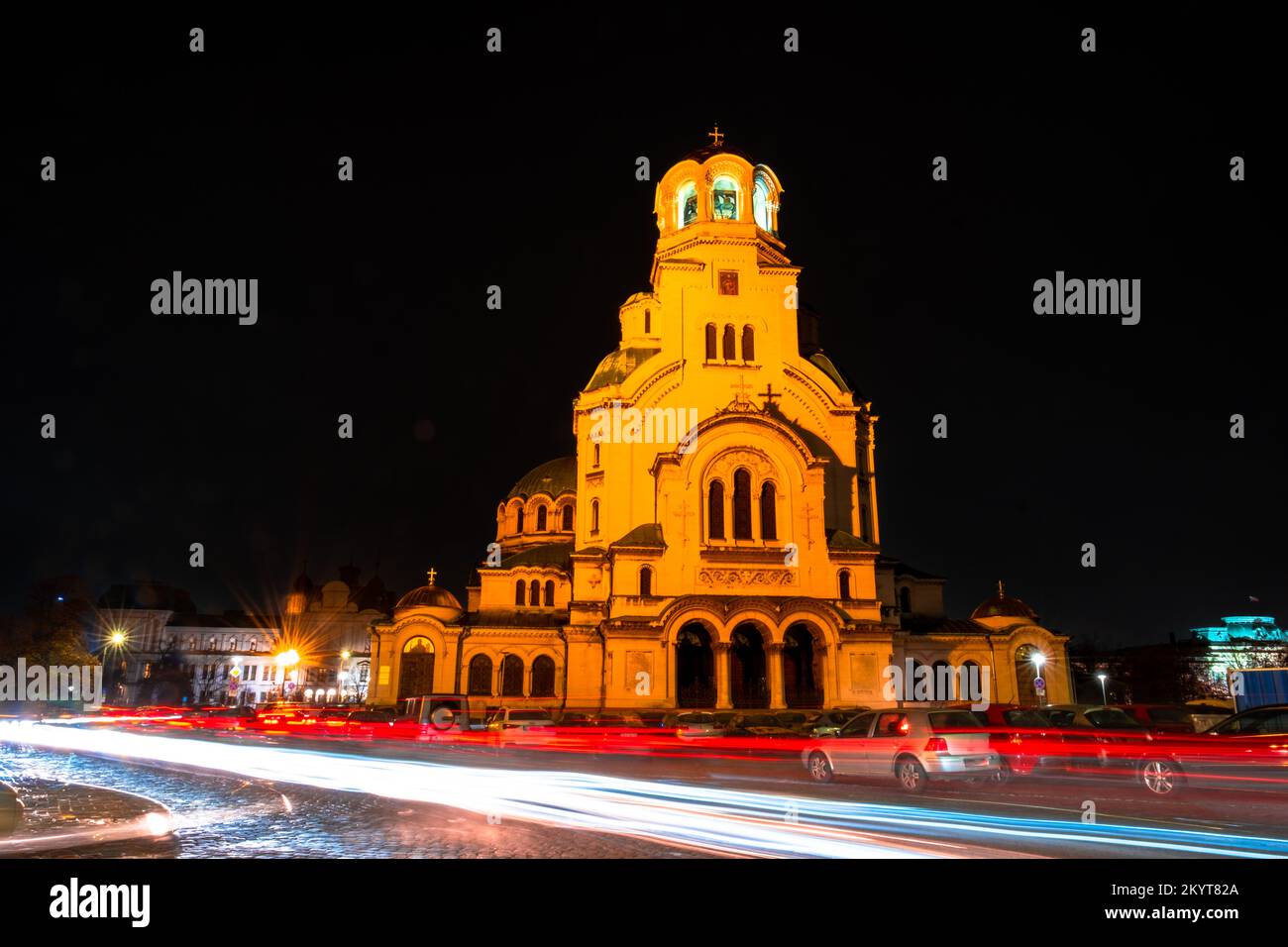 Saint Alexander Nevsky Cathedral at dusk with car lights, Sofia Stock ...