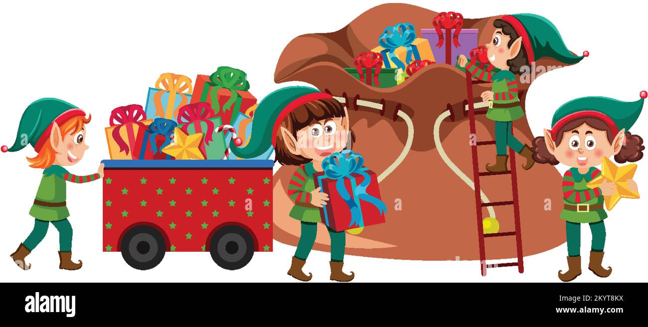 Elves cartoon character with Christmas present illustration Stock ...