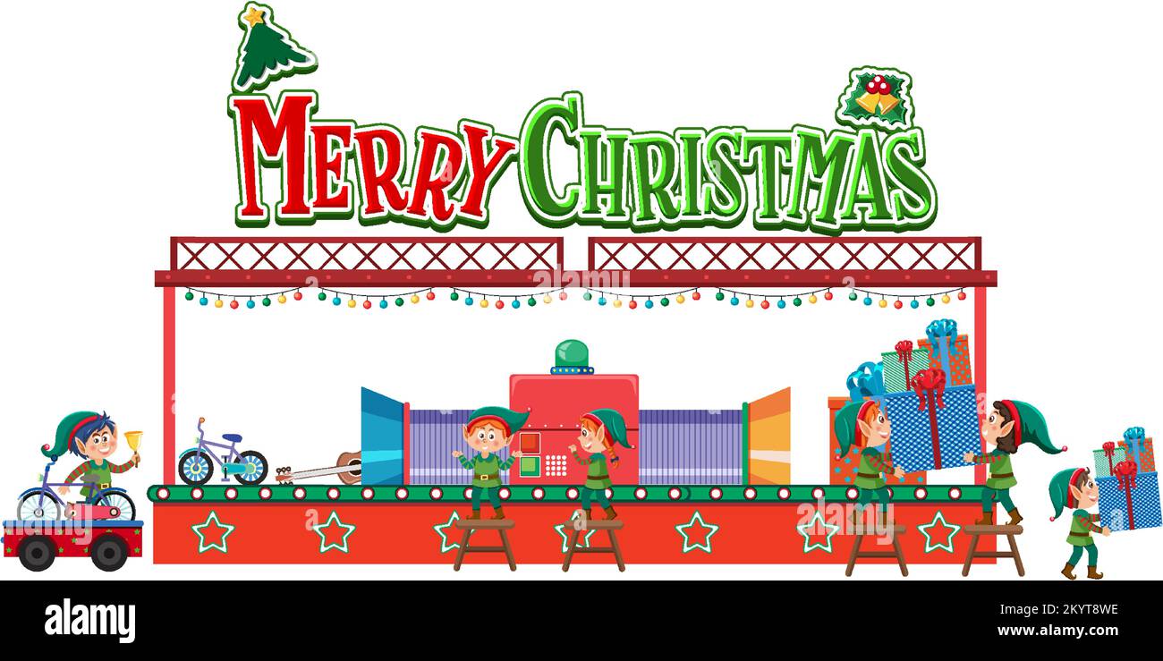 Merry Christmas text with elves making Christmas present illustration ...