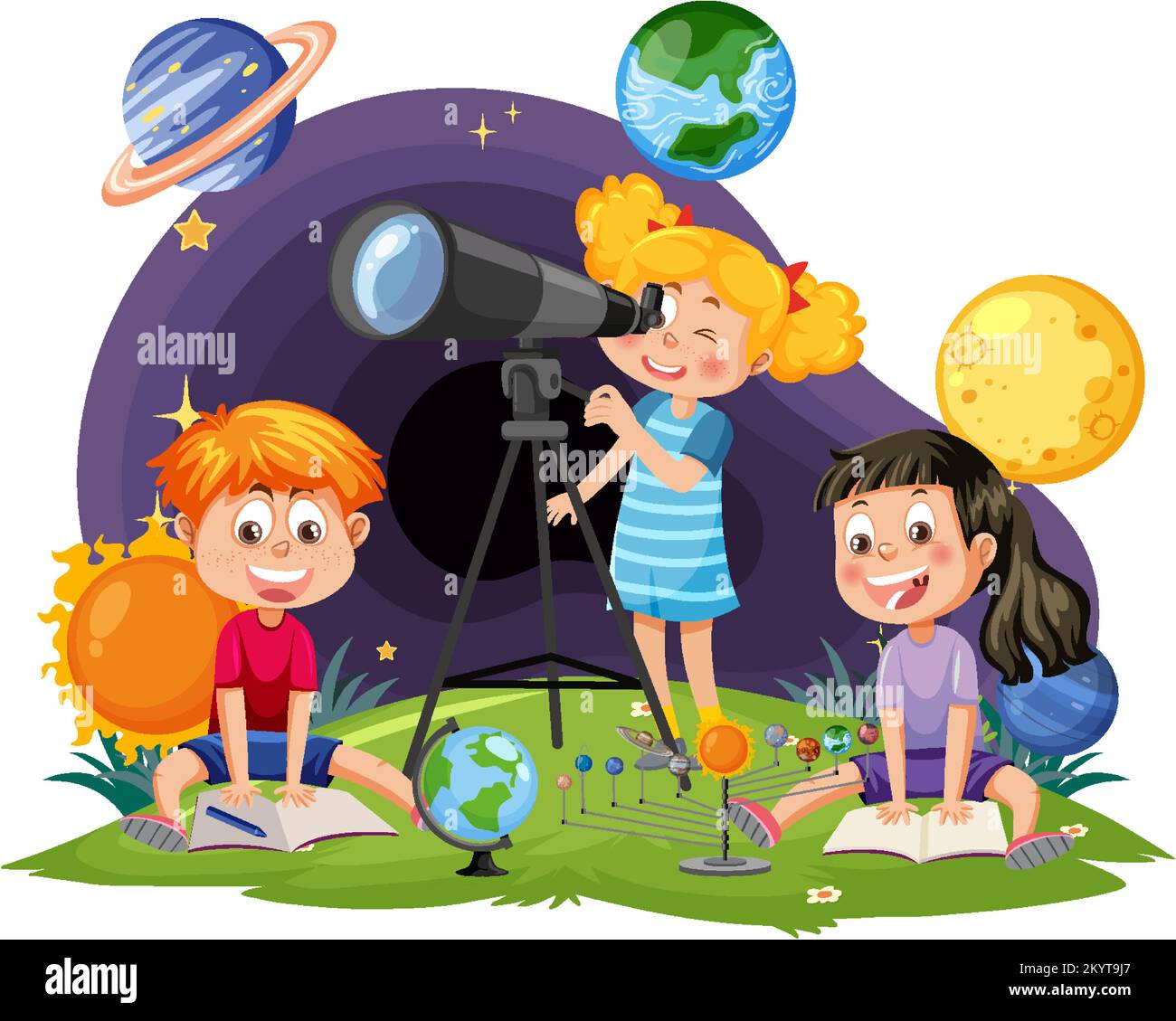 Kids observing planets with telescope illustration Stock Vector Image ...