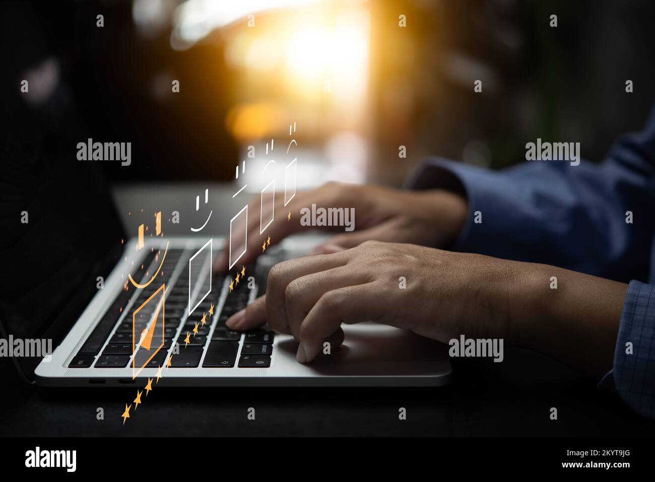 Businessman using laptop computer face emoticon smile in satisfaction ...