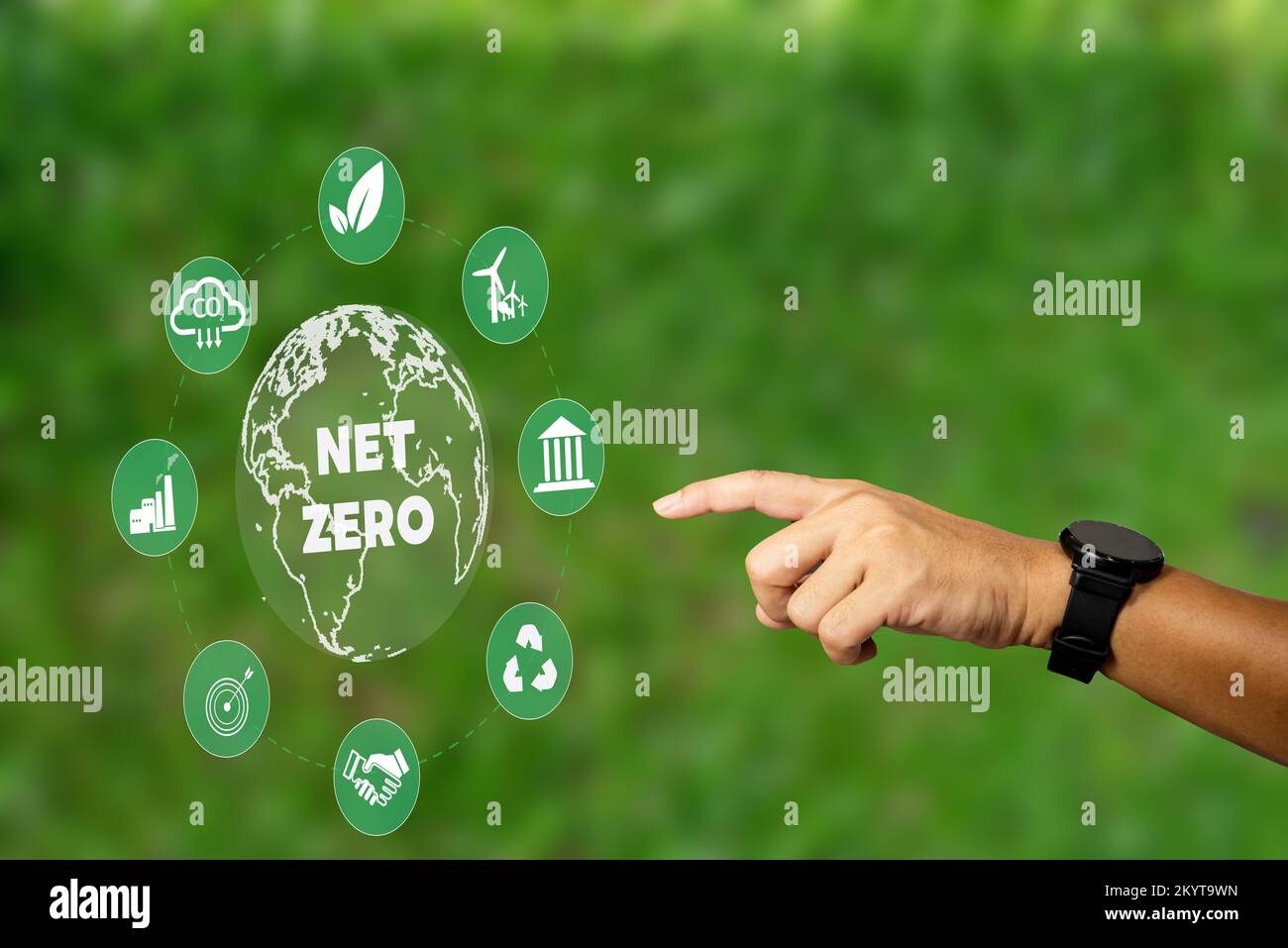 hand with net zero environmental icons CO2 emission reduction icons ...