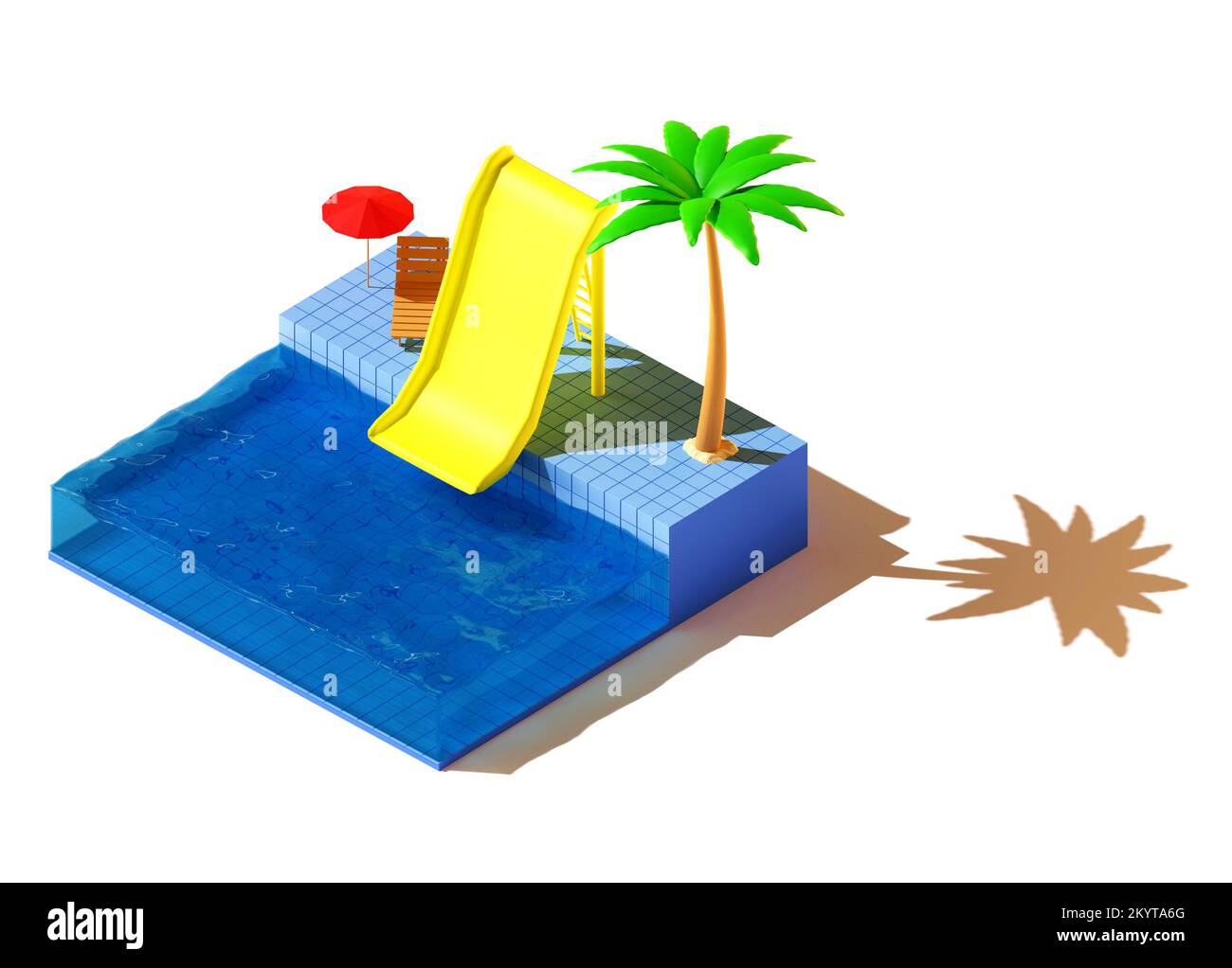 swimming pool with slide and palm 3d render illustration isolated on ...