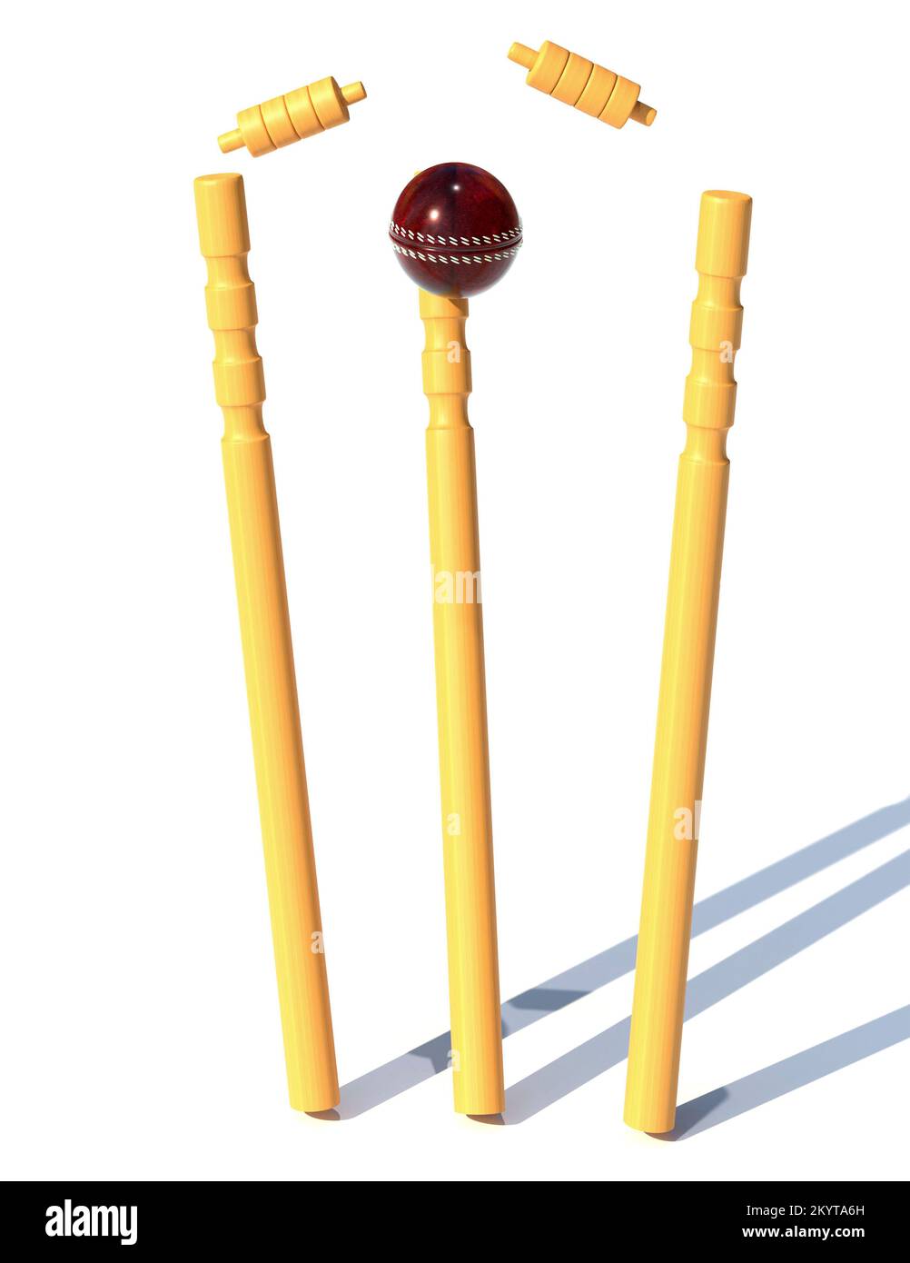 leather red ball hitting a cricket goal 3d render illustration isolated ...
