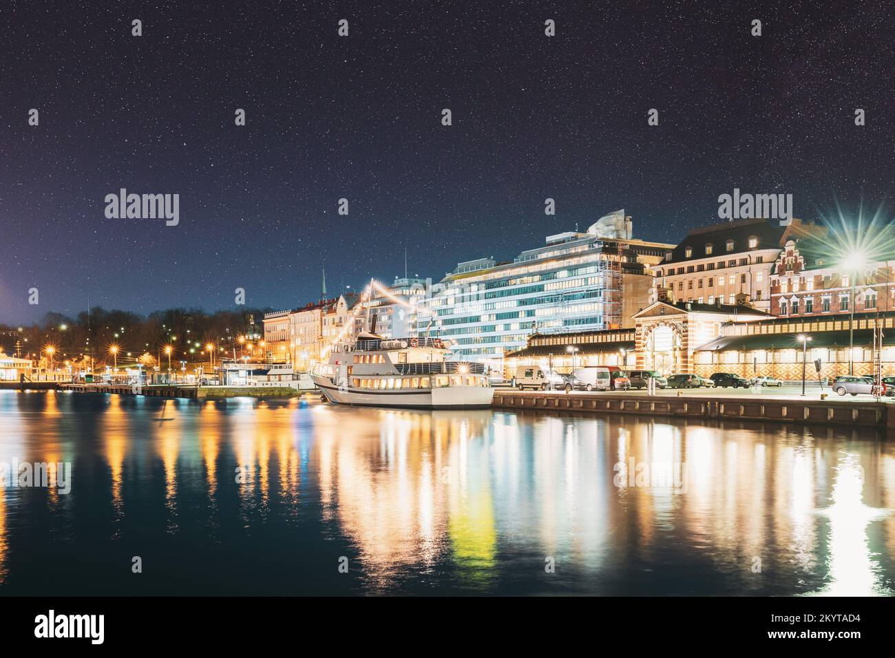 Helsinki, Finland. Bright Blue Starry Sky. Night View Of Etelaranta ...