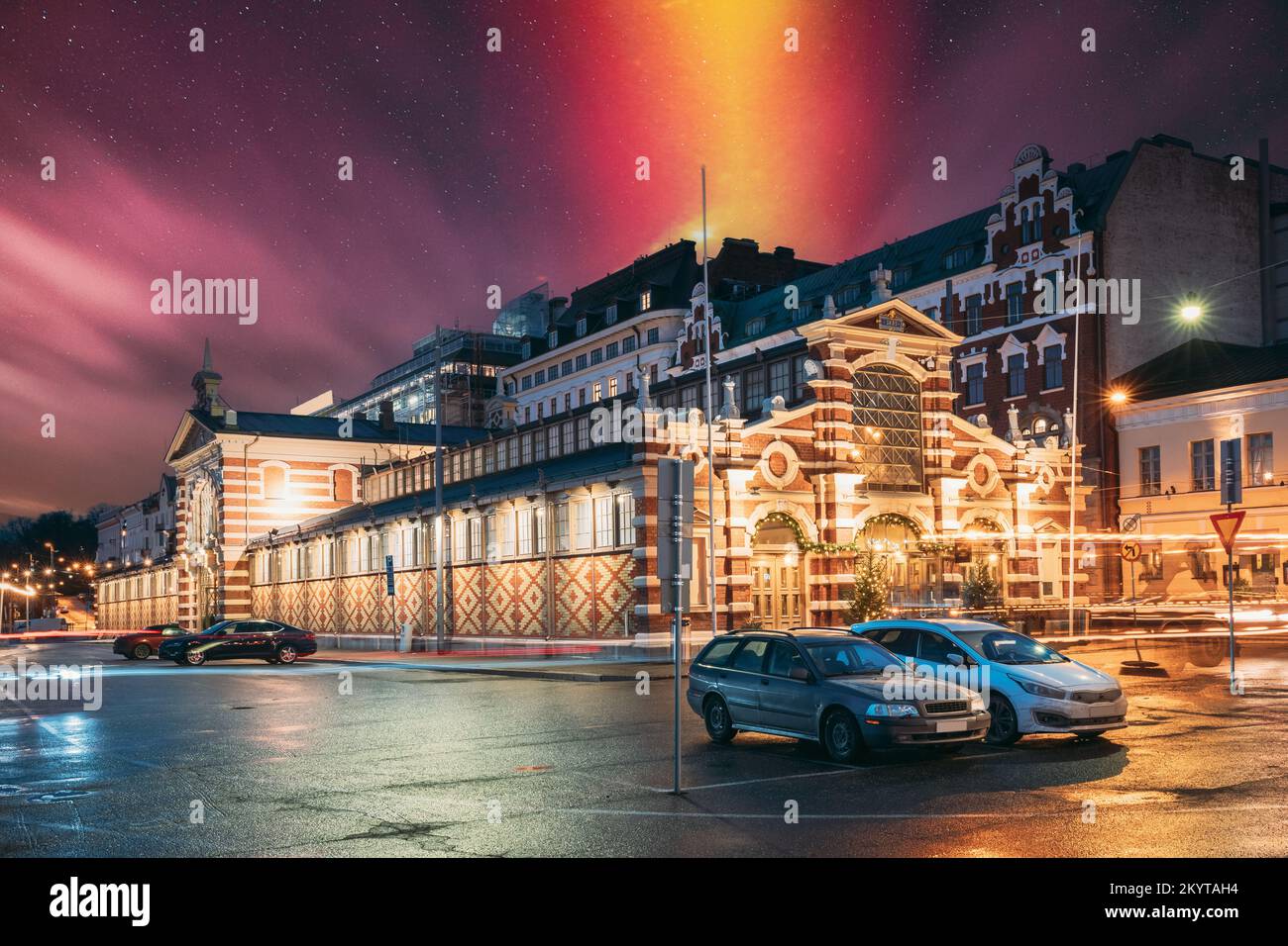 Helsinki, Finland. Bright Red-orange Starry Sky Above Old Market Hall ...