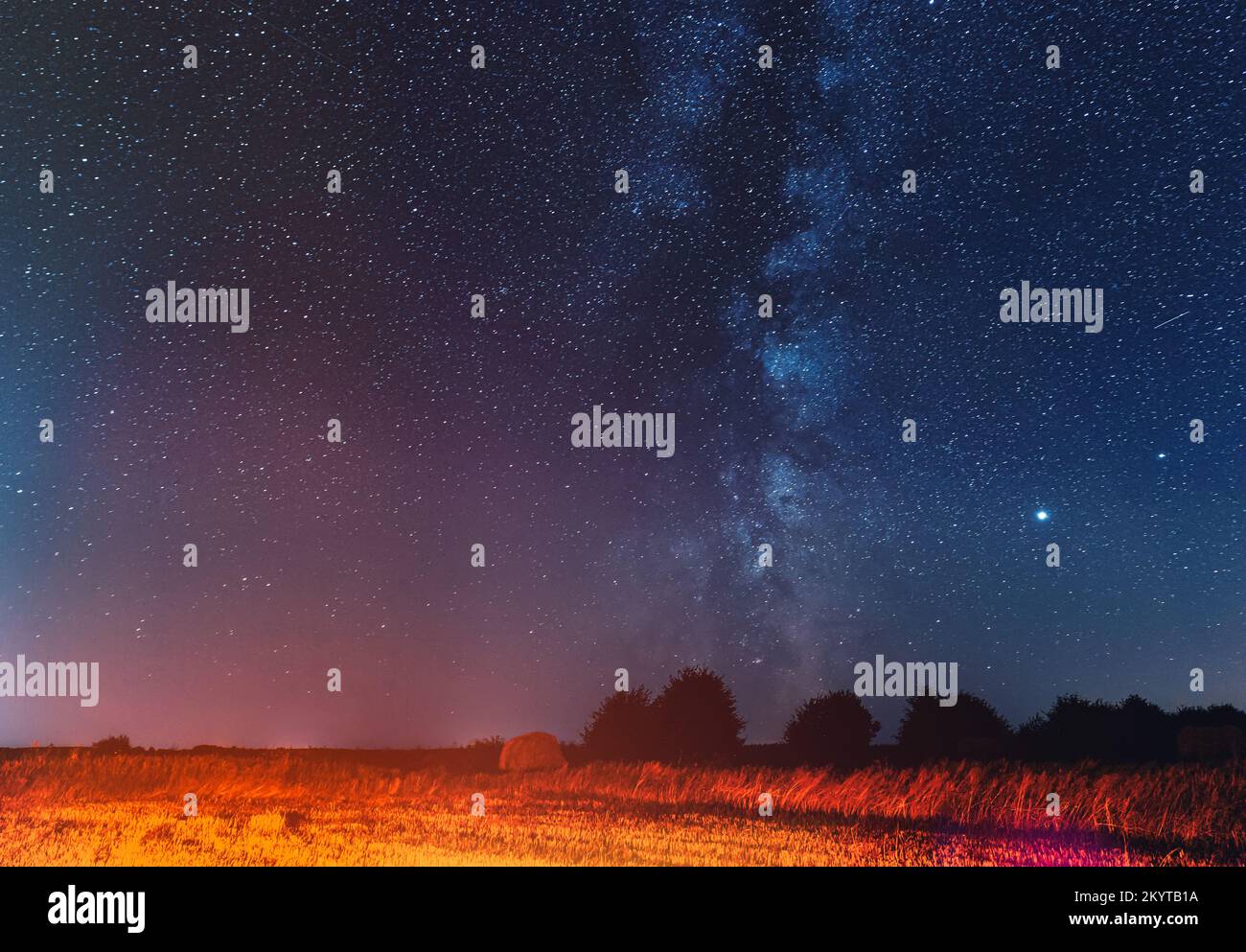 Natural Real Night Sky Stars With Milky Way Over Field Meadow With ...