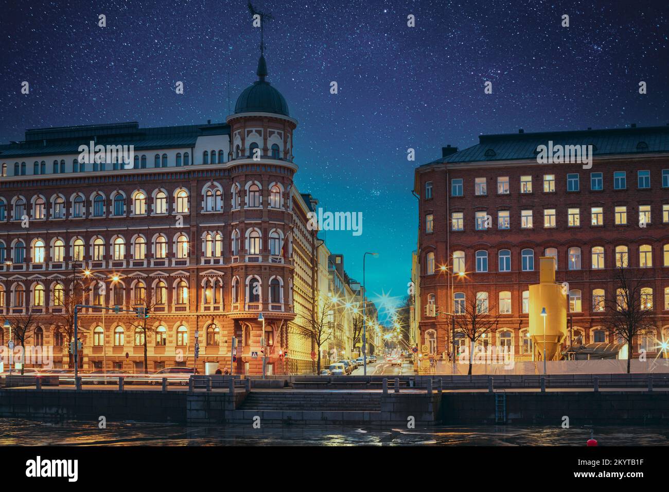 Helsinki, Finland. Bright Blue Starry Sky Above Crossroad Of ...