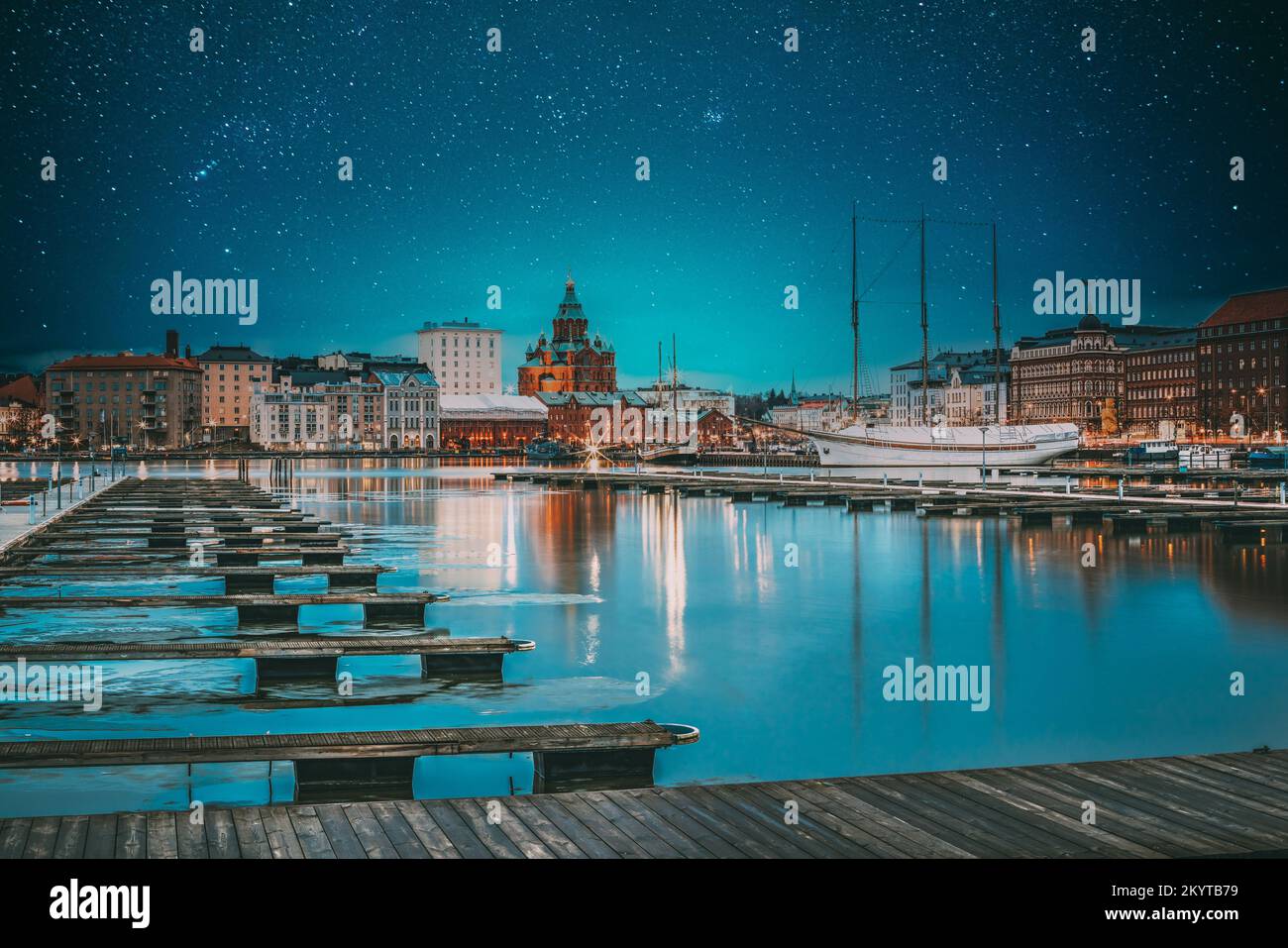 Helsinki, Finland. Bright Blue Starry Sky. View Of Evening City And ...