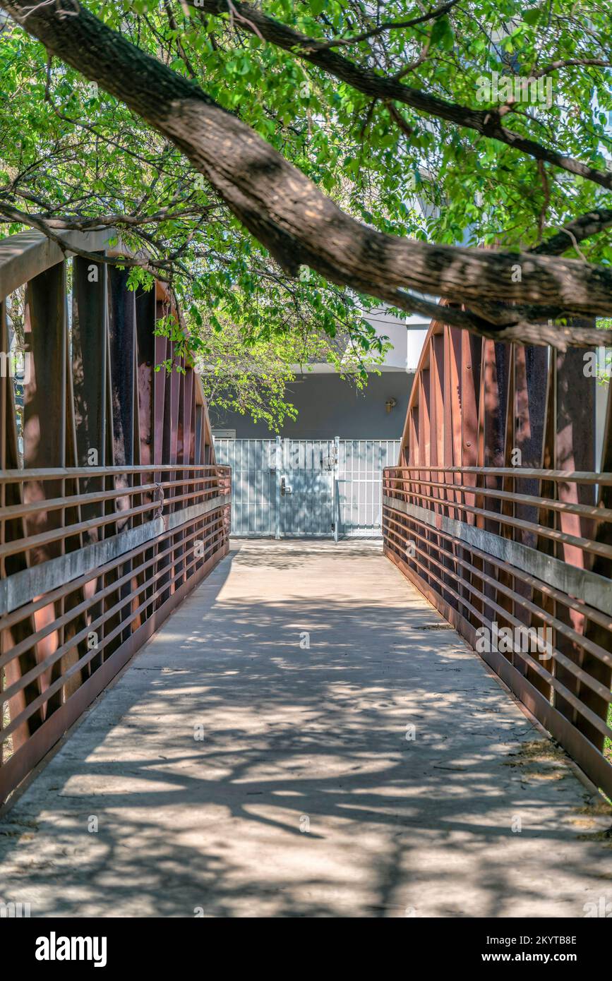 Pedestrian bridge and bike path under a tree branch and leaves in ...