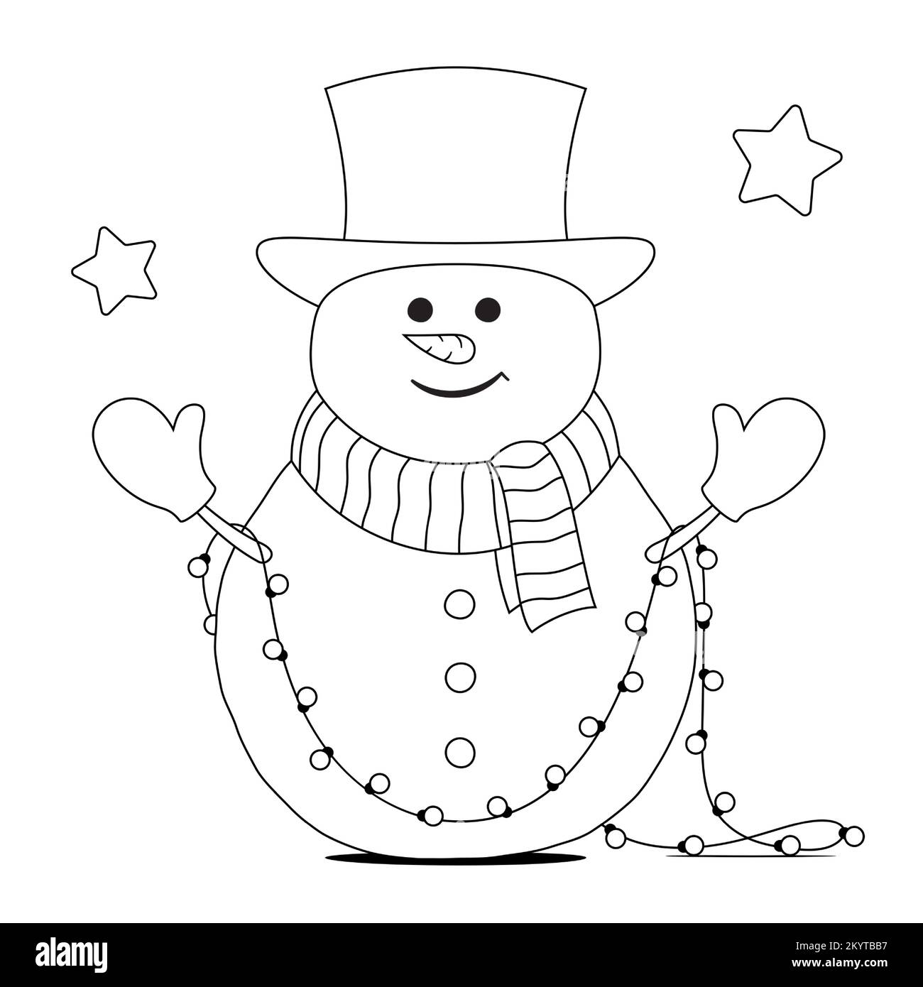 Happy snowman with top hat and Christmas lights, coloring book page ...