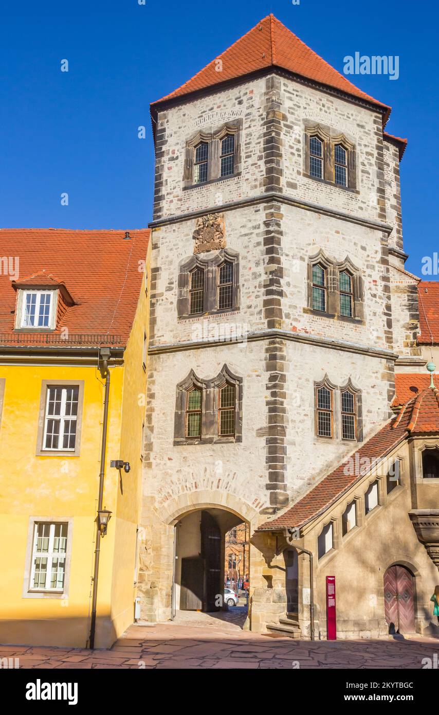 Entrance tower of the historic Moritzburg castle in Halle, Germany ...