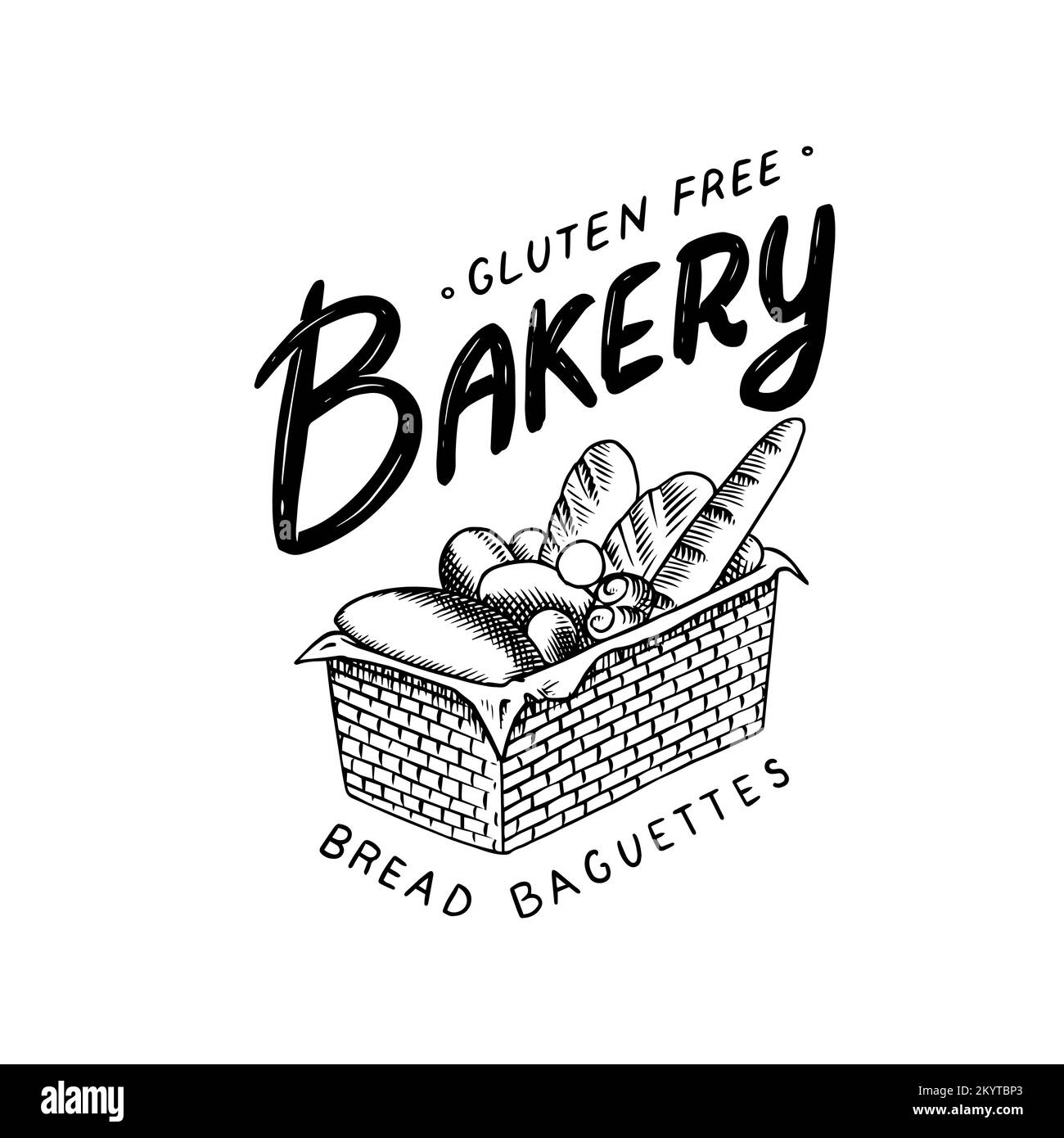 Bread, long loaf or baguette. Engraved hand drawn in old sketch and ...